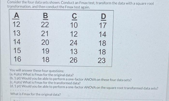 Solved Consider the four data sets shown. Conduct an Fmax | Chegg.com