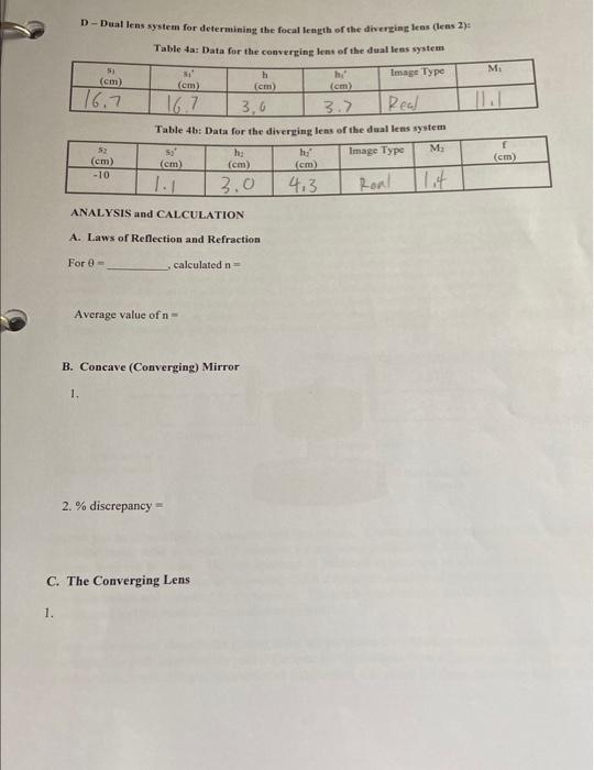 C-Converging Lens (lens 1): Table 3 fA0,00 favD - | Chegg.com