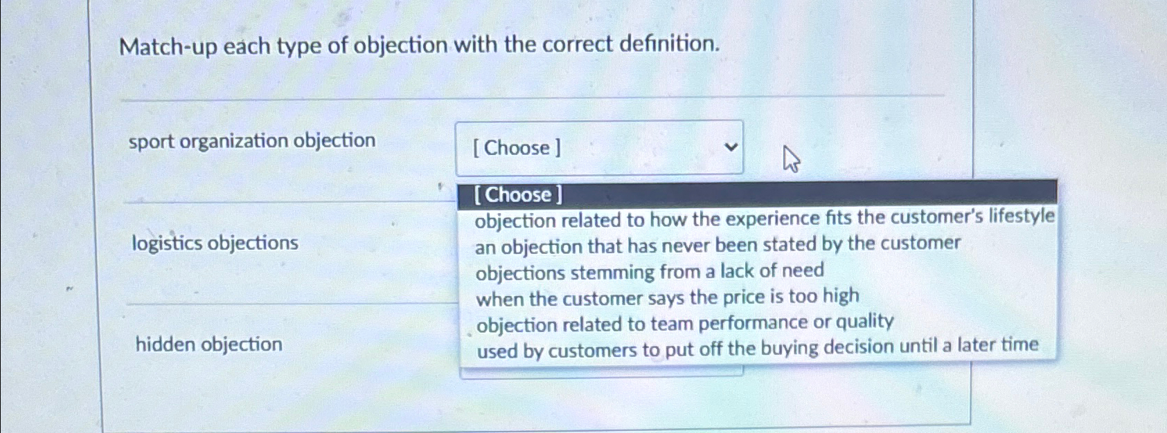 Solved Match-up each type of objection with the correct | Chegg.com