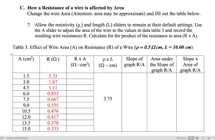 Solved C. How a Resistance of a wire is affected by Area | Chegg.com