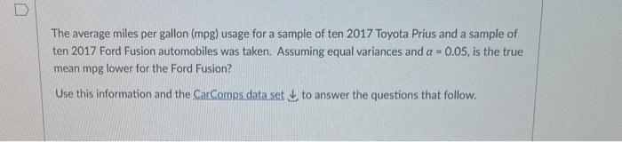 Solved The average miles per gallon (mpg) usage for a sample | Chegg.com