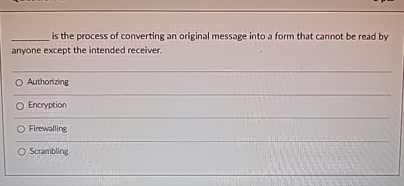 Solved is the process of converting an original message into | Chegg.com