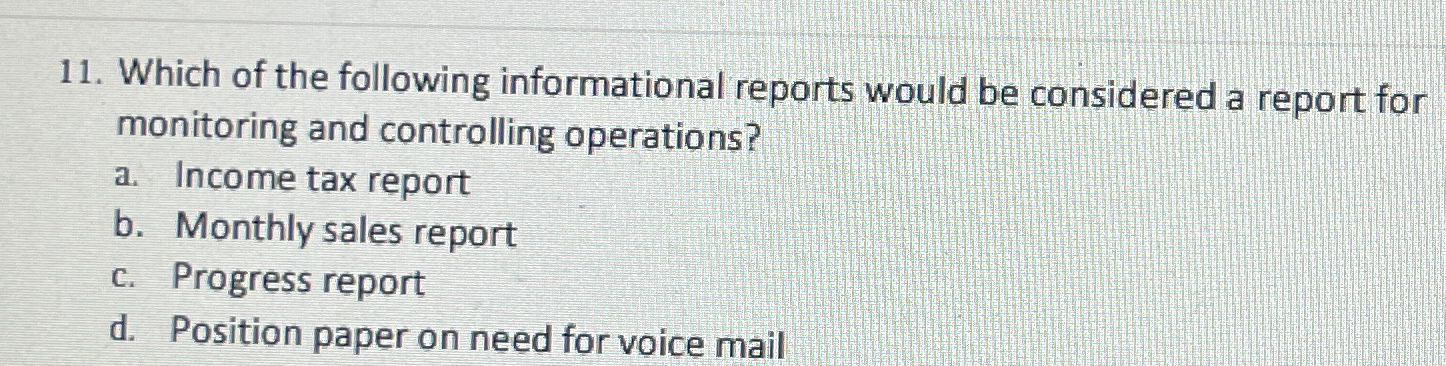 Solved Which of the following informational reports would be | Chegg.com