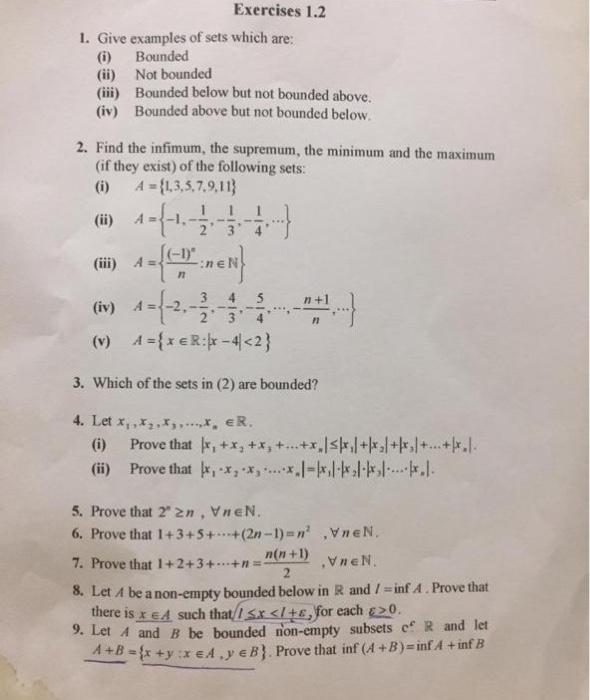 Solved Exercises 1.2 1. Give examples of sets which are: | Chegg.com