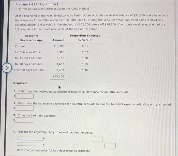 Solved Problem 5-85A (Algorithmic) Determining Bad Debt | Chegg.com