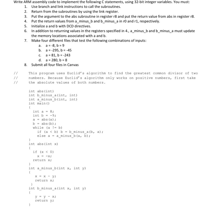 Write ARM assembly code to implement the following C | Chegg.com