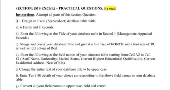 Solved SECTION: (MS EXCEL) - PRACTICAL QUESTIONS. (10 MKS) | Chegg.com