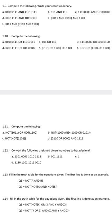 Solved c. 11100000 AND 10110100 1.9. Compute the following. | Chegg.com