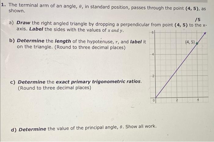 Solved 1. The terminal arm of an angle, e, in standard | Chegg.com
