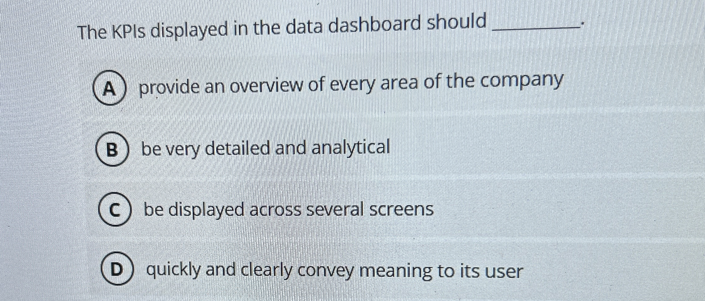 Solved The KPIs displayed in the data dashboard shouldA | Chegg.com