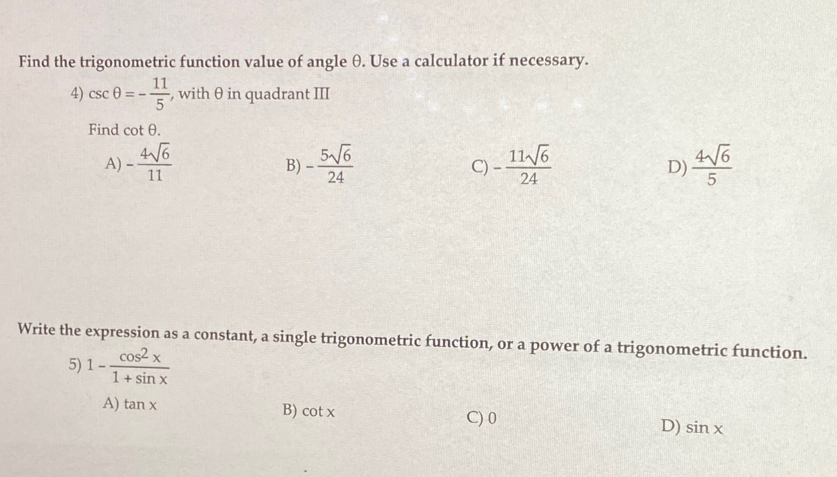 Solved Find the trigonometric function value of angle θ. | Chegg.com