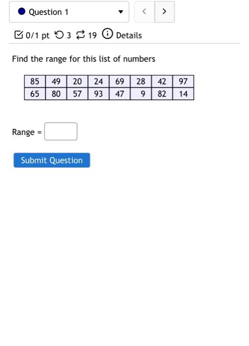 Solved Find the range for this list of numbers | Chegg.com
