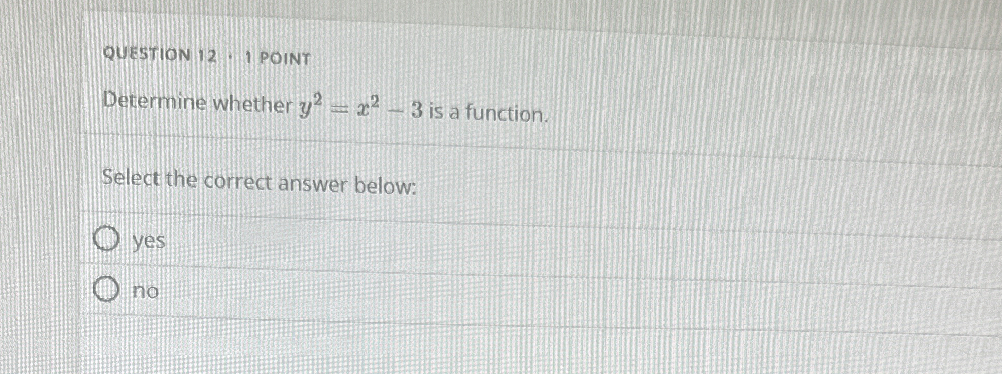 Solved QUESTION 12 - 1 ﻿POINTDetermine whether y2=x2-3 ﻿is a | Chegg.com