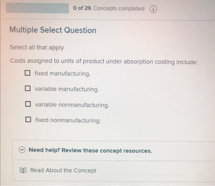 Solved 0 of 26 Concepts completed Multiple Select Question | Chegg.com