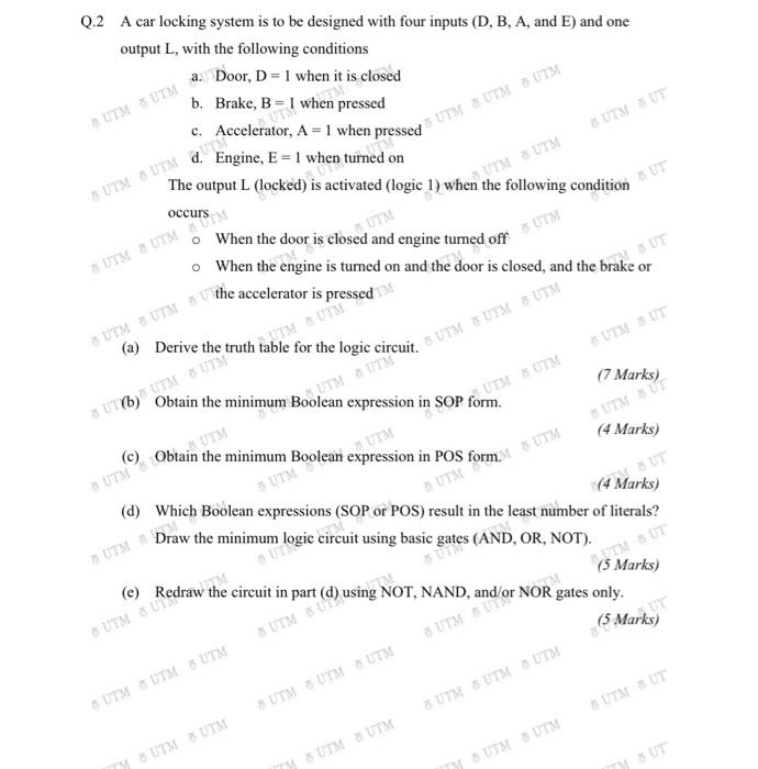 Solved Q.2 A car locking system is to be designed with four | Chegg.com