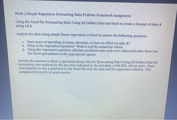 Solved Week 3 Simple Regression Forecasting Sales Problem | Chegg.com