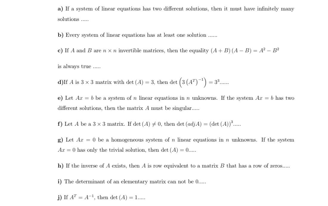 Solved a) ﻿If a system of linear equations has two different | Chegg.com