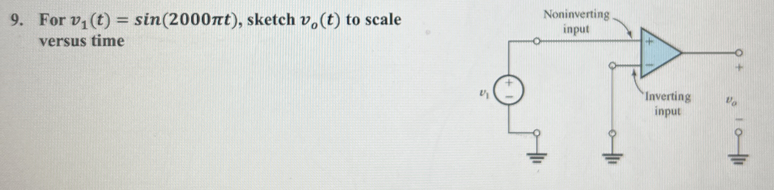 Solved For v1(t)=sin(2000πt), ﻿sketch vo(t) ﻿to scale versus | Chegg.com