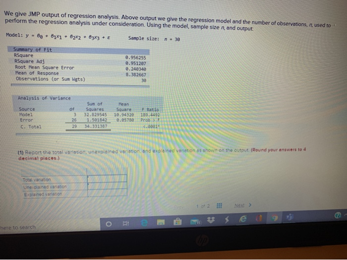 Solved We give JMP output of regression analysis. Above | Chegg.com