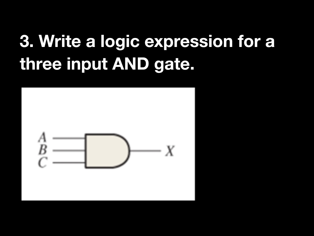 Solved Write a logic expression for a three input AND gate. | Chegg.com