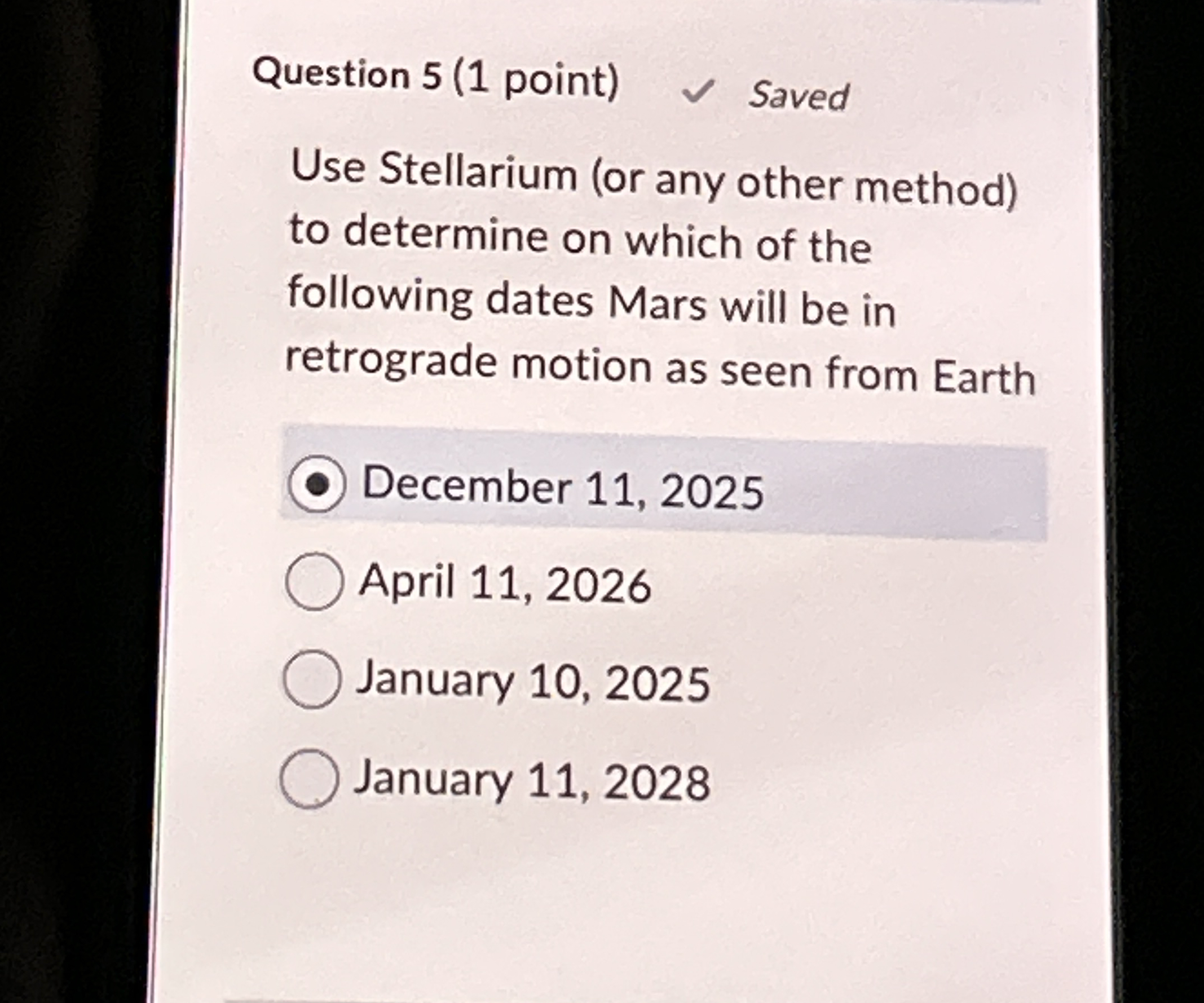 Solved Question 5 (1 ﻿point) ﻿SavedUse Stellarium (or any | Chegg.com