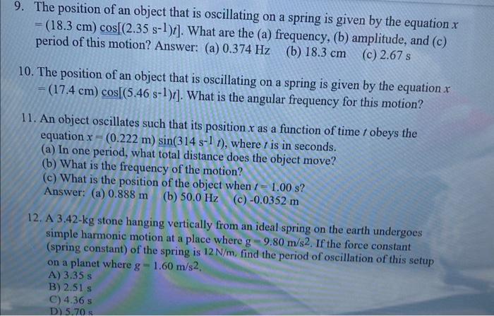 Solved 9. The position of an object that is oscillating on a | Chegg.com