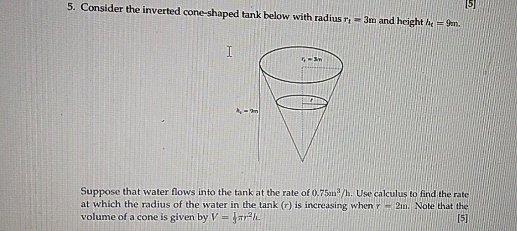Solved 5. Consider the inverted cone-shaped tank below with | Chegg.com