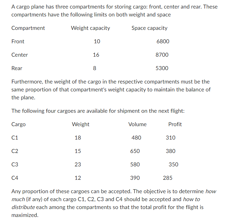Solved A cargo plane has three compartments for storing | Chegg.com