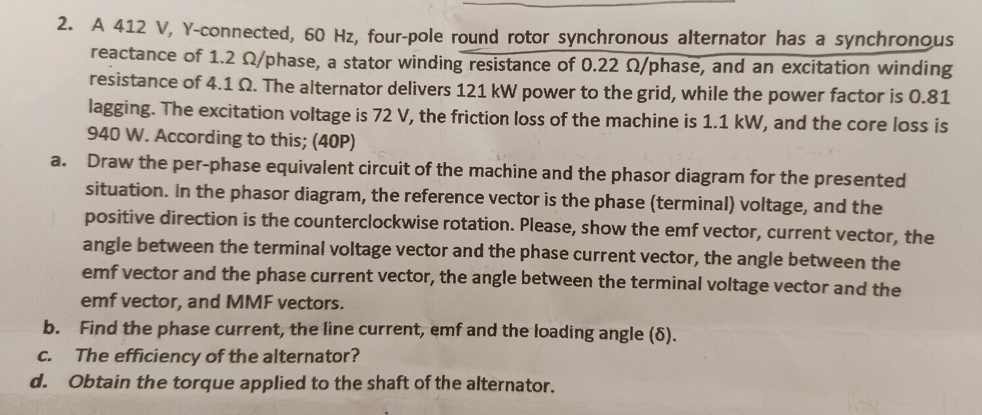 Solved 2. A 412 V,Y-connected, 60 Hz, four-pole round rotor | Chegg.com