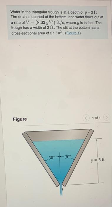 Solved Water in the triangular trough is at a depth of y = 3 | Chegg.com