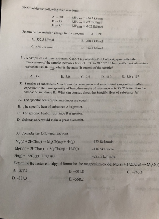 Solved 30. Consider the following three reactions: A 2B B- D | Chegg.com
