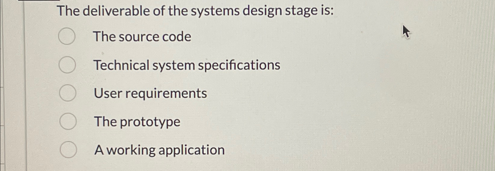 Solved The deliverable of the systems design stage is:The | Chegg.com