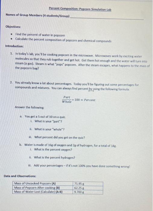 Solved Percent Composition: Popcorn Simulation Lab Names of | Chegg.com