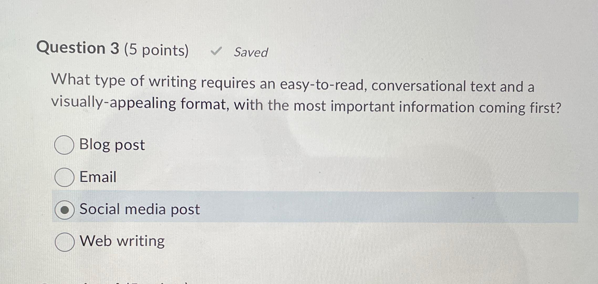Solved Question 3 (5 points) SavedWhat type of writing | Chegg.com Solved Question 3 (5 points) SavedWhat type of writing | Chegg.com