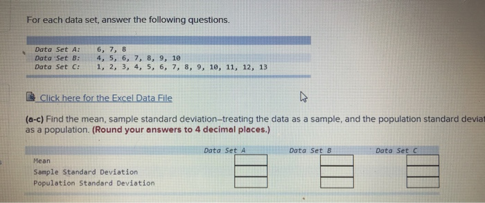 Solved For Each Data Set Answer The Following Questions
