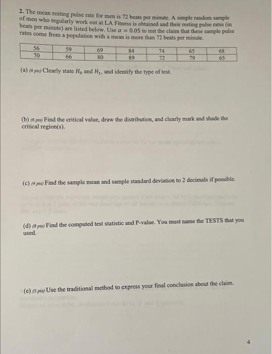 Solved 2. The mean resting pulse rate for men is 72 beats | Chegg.com
