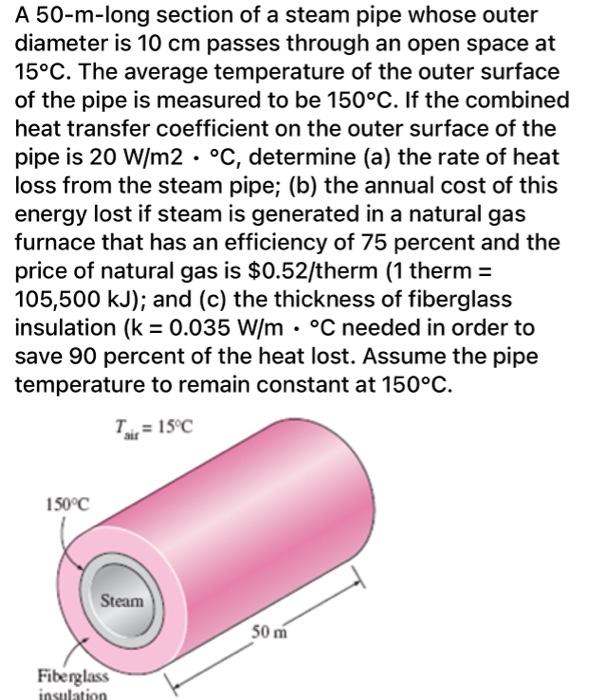 Solved A 50-m-long section of a steam pipe whose outer | Chegg.com