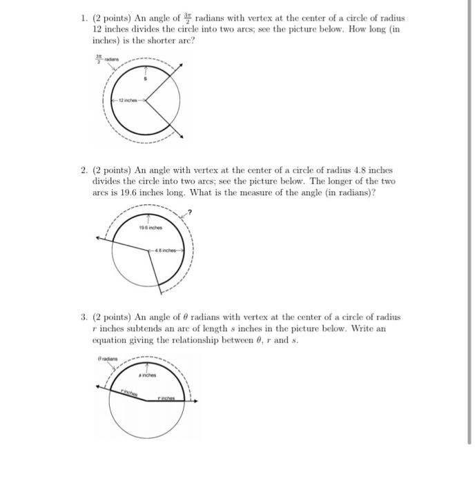 Solved 1. (2 points) An angle of radians with vertex at the | Chegg.com