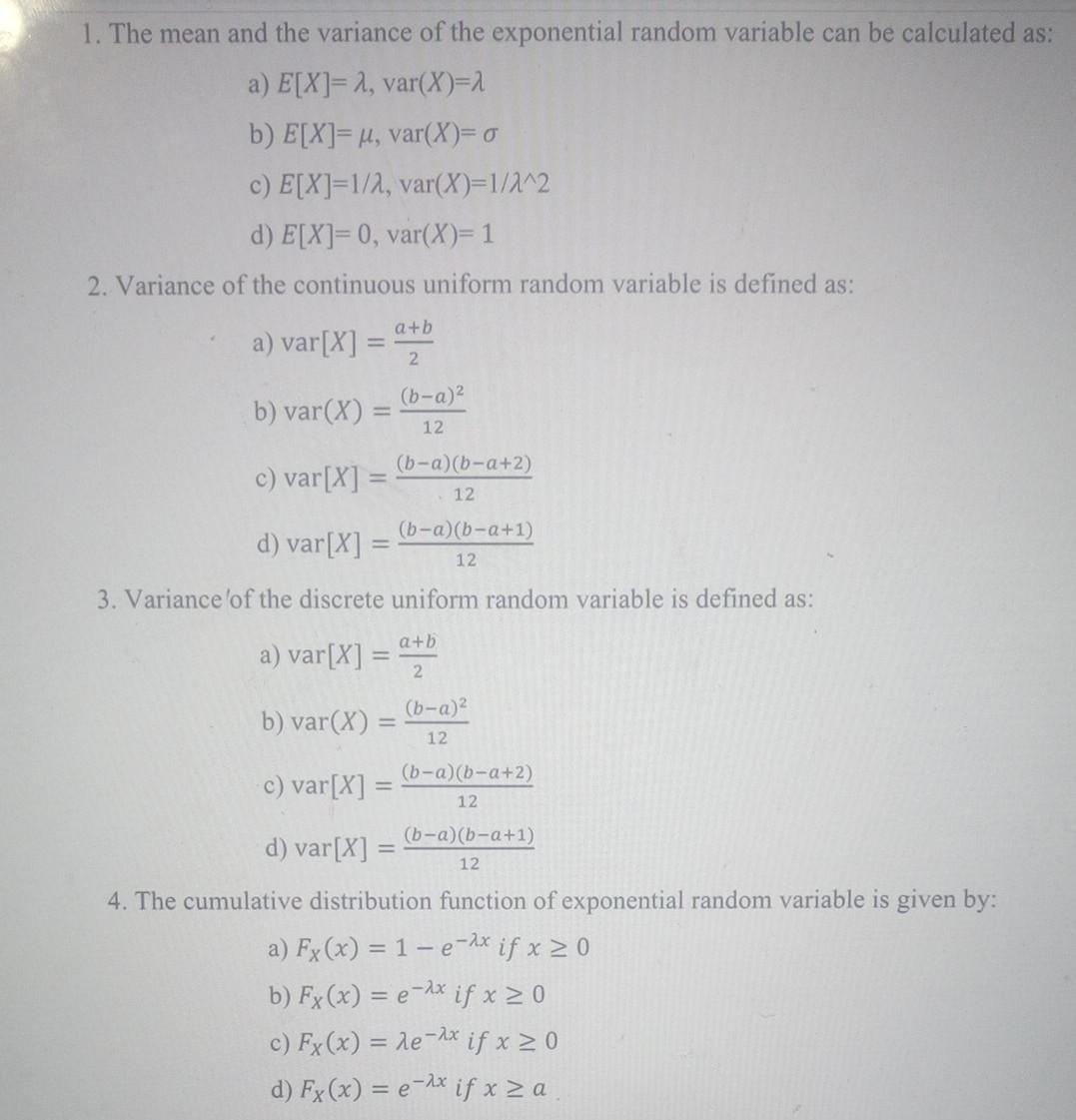 Solved 1. The mean and the variance of the exponential | Chegg.com