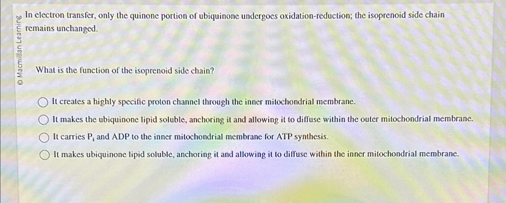 Solved In electron transfer, only the quinone portion of | Chegg.com