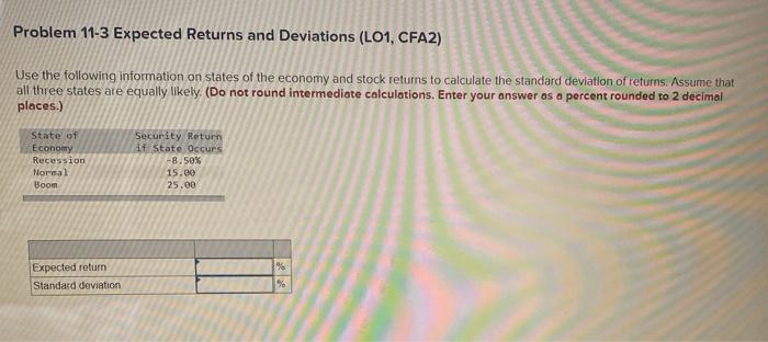 Solved Problem 11-3 Expected Returns and Deviations (L01, | Chegg.com