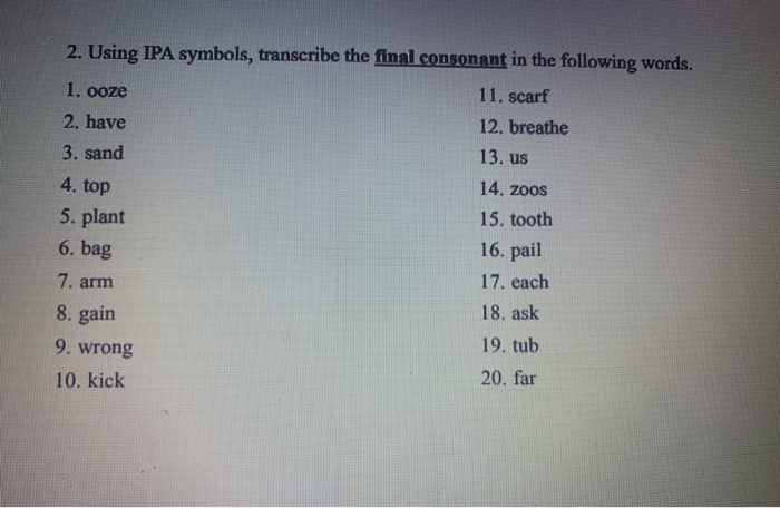 2. Using IPA symbols, transcribe the final consonant | Chegg.com
