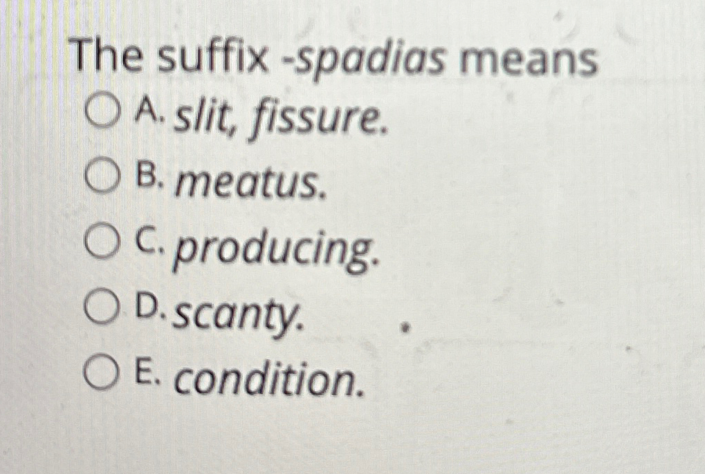 Solved The suffix-spadias meansA. ﻿slit, fissure.B. | Chegg.com