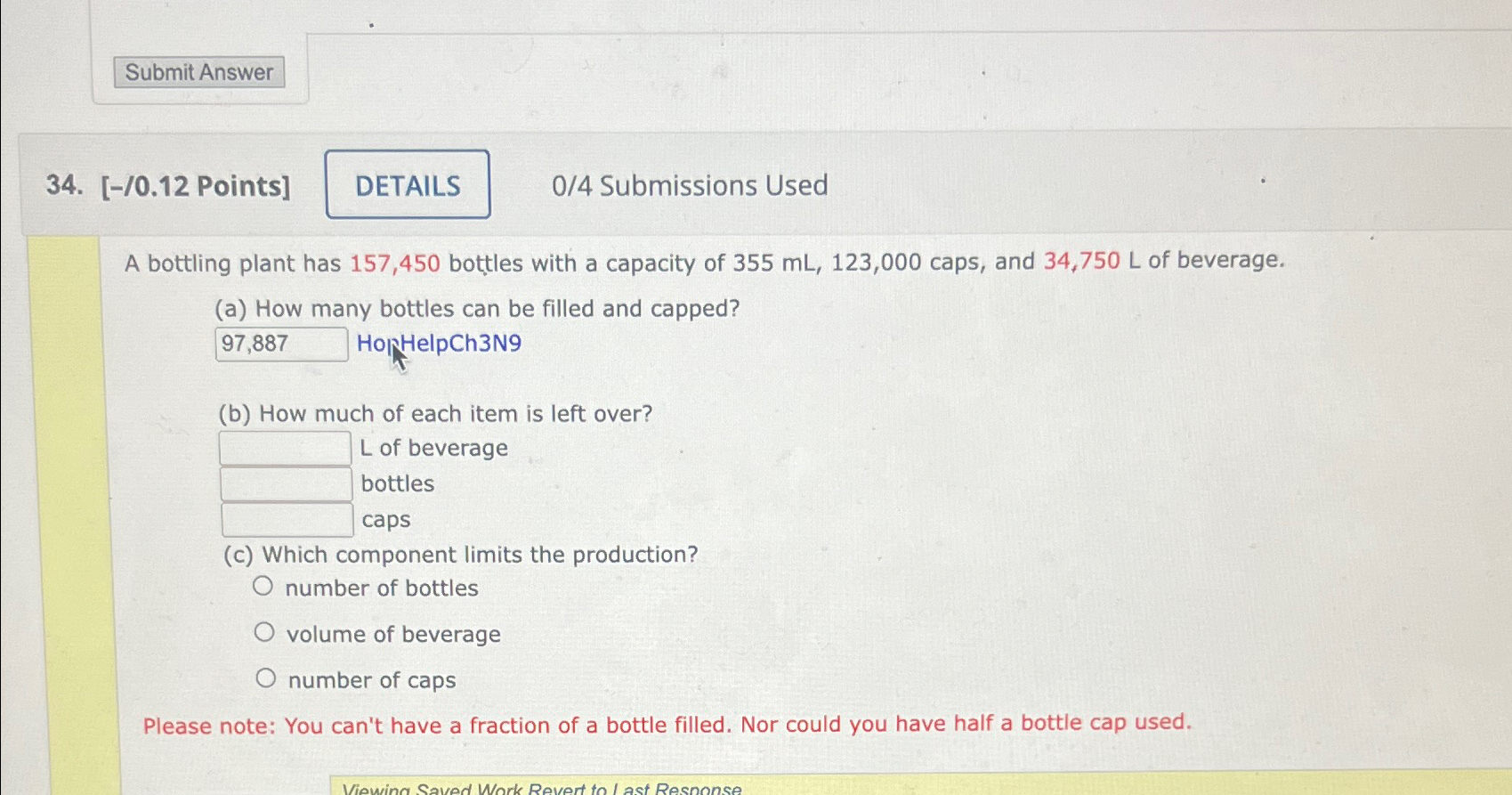 Solved Points]0/4 ﻿Submissions UsedA bottling plant has | Chegg.com
