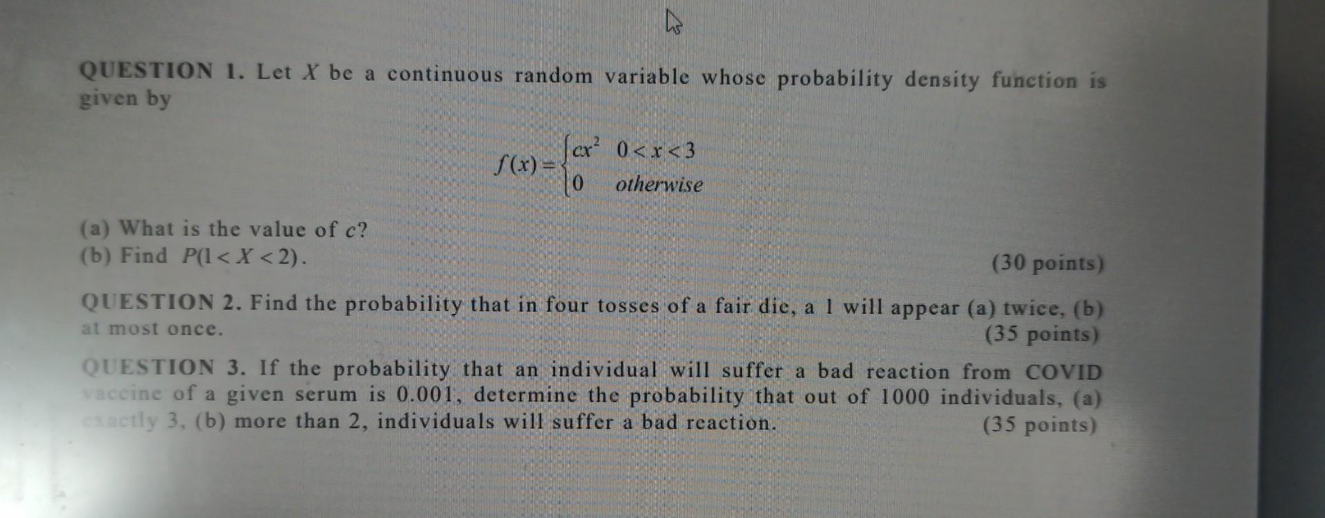 Solved QUESTION 1. Let X be a continuous random variable | Chegg.com