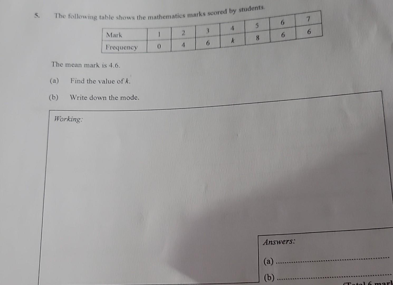 Solved 5. The following The mean mark is 4.6 . (a) Find the | Chegg.com