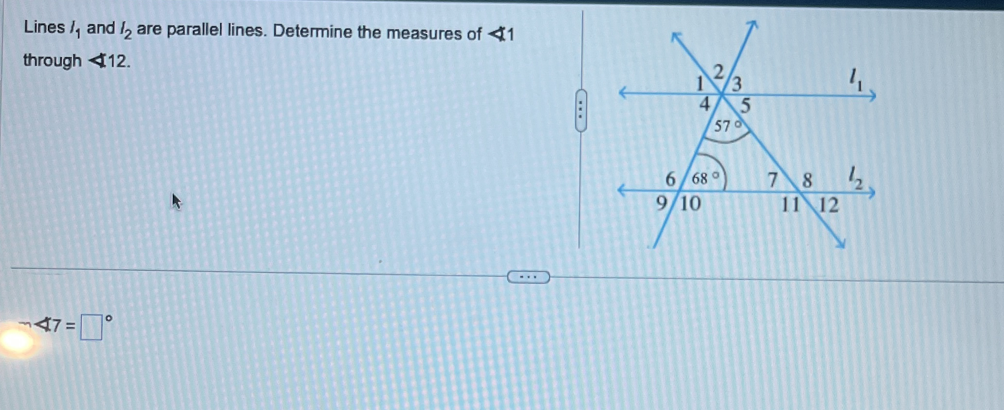 Solved Lines I1 ﻿and I2 ﻿are parallel lines. Determine the | Chegg.com