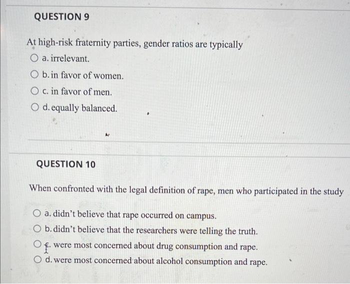 QUESTION 9 At high-risk fraternity parties, gender | Chegg.com