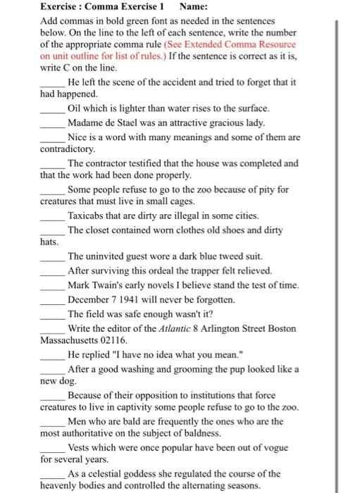 Exercise : Comma Exercise 1 Name: Add commas in bold | Chegg.com
