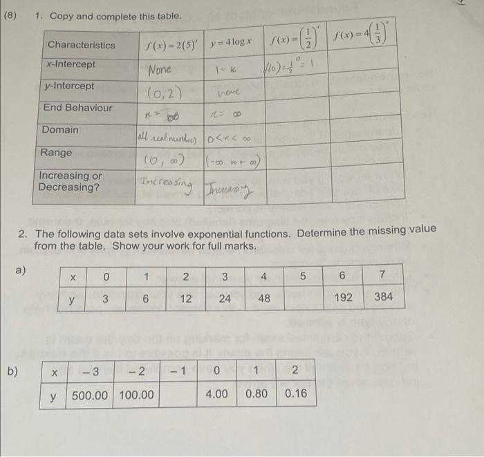 Solved 2. The following data sets involve exponential | Chegg.com